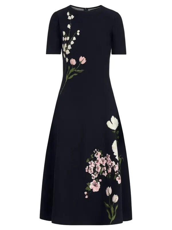 Oscar De La Renta Mixed Botanical Jacquard Dress - Navy