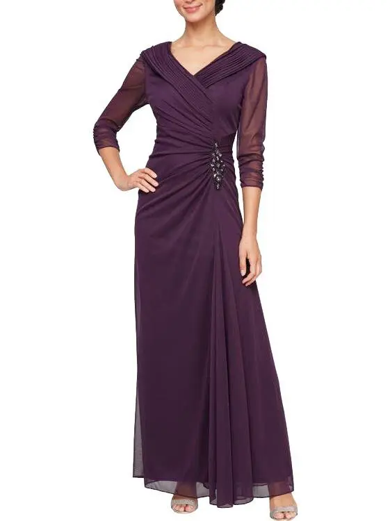 Alex Evenings Pleated Portrait Collar Chiffon Gown - Eggplant