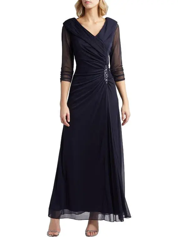 Alex Evenings Pleated Portrait Collar Chiffon Gown - Navy