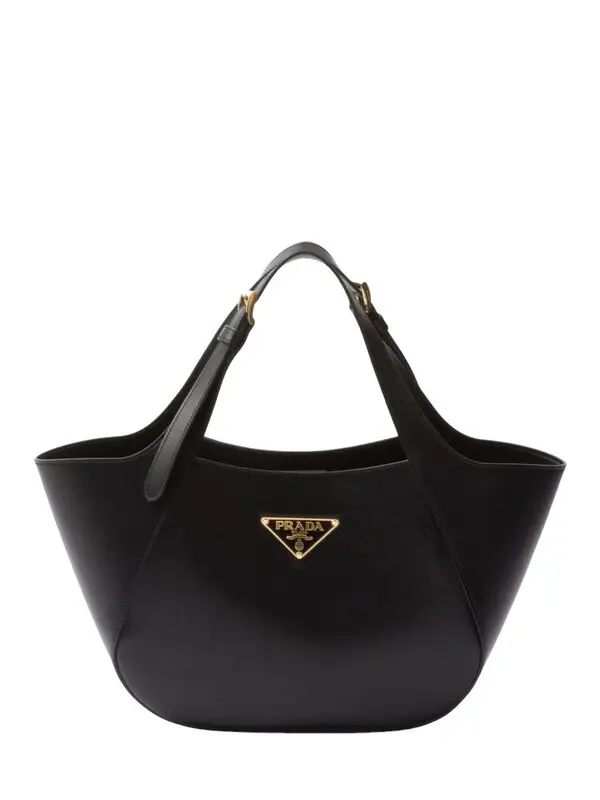 Prada Medium Leather Tote Bag With Enamel Triangle Logo - Black