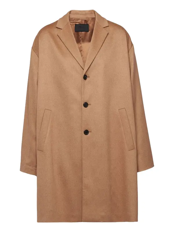 Prada Camel-hair Coat With Triangle Logo - Brown