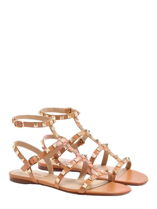 Valentino Garavani Rockstud Flat Calfskin Sandals With Straps - Brown