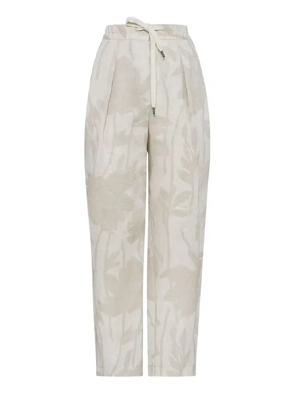 Brunello Cucinelli Floral-jacquard Linen Trousers - Neutrals