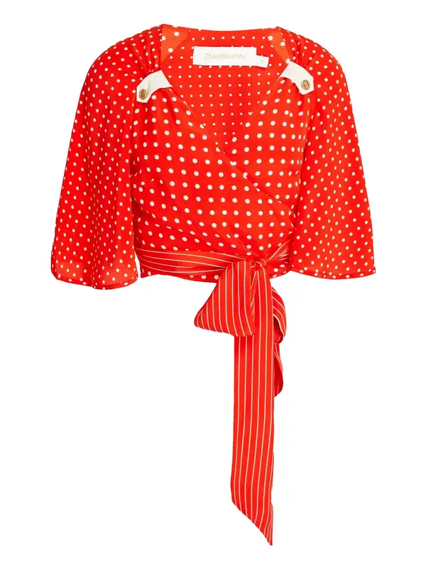 Zimmermann Cropped Polkadot Silk Crepe De Chine Wrap Top - Tomato Red