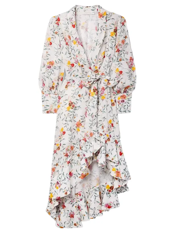 Zimmermann Asymmetric Ruffled Floral-print Linen Midi Wrap Dress - White