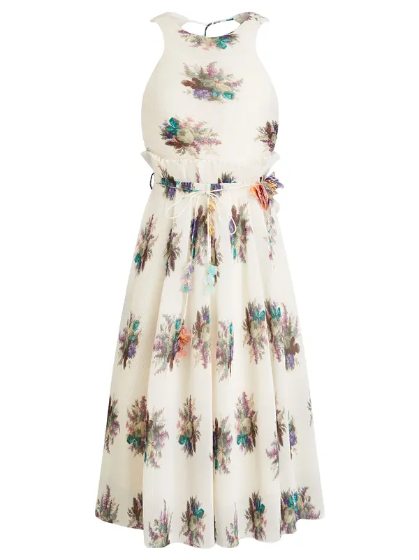 Zimmermann Floral-print Plissé-organza Midi Dress - Ivory