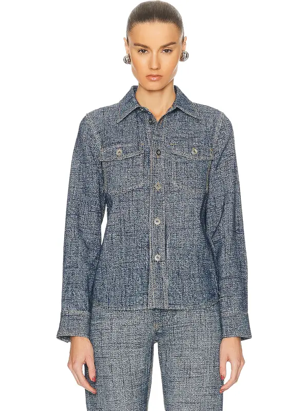 Bottega Veneta Enlarged Textured Denim Printed Shirt - Indigo & White