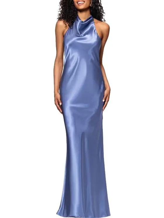 Betsy & Adam Halter Charmeuse Gown - Blue