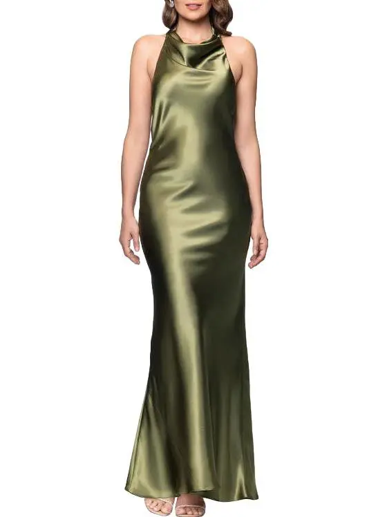 Betsy & Adam Halter Charmeuse Gown - Olive