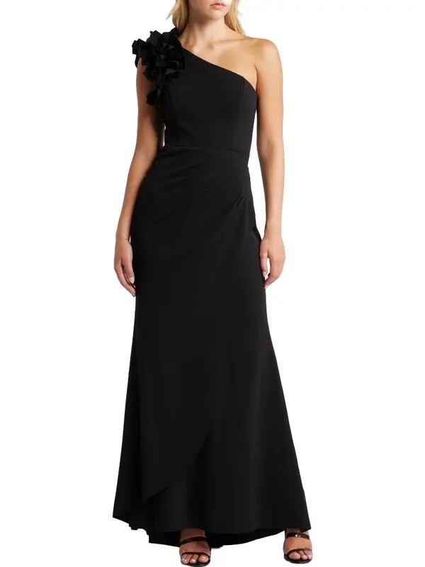 XSCAPE EVENINGS Ruffle One-shoulder Scuba Crepe Gown - Black