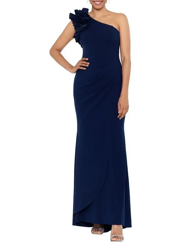 XSCAPE EVENINGS Ruffle One-shoulder Scuba Crepe Gown - Navy