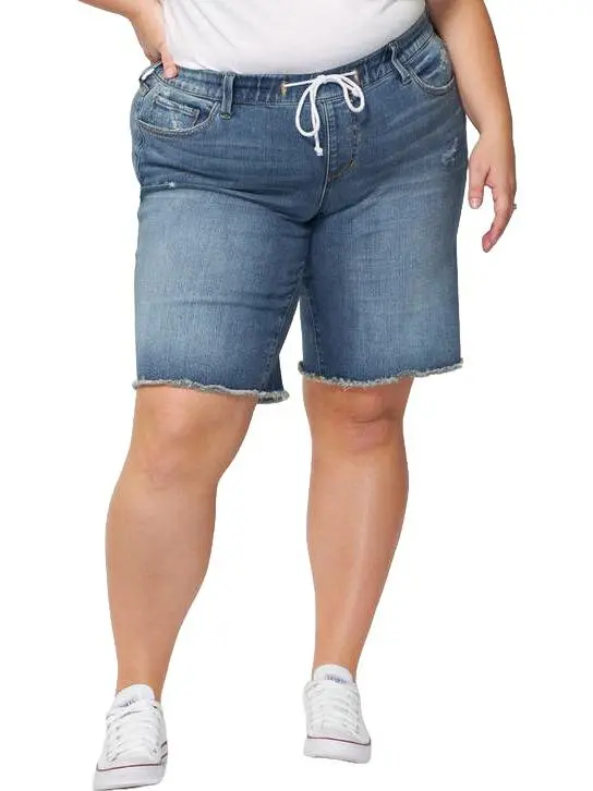 SLINK JEANS Frayed Hem Bermuda Denim Shorts - Hazel