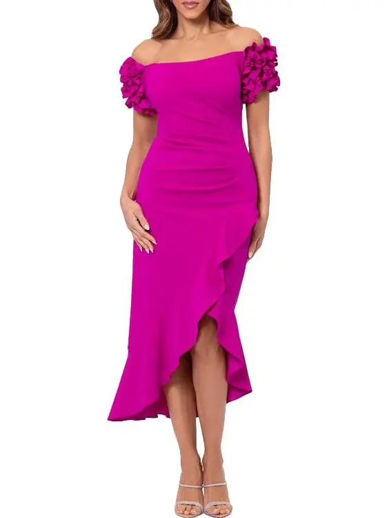 XSCAPE EVENINGS Ruffle Off-the-shoulder Midi Dress - New Fuchsia