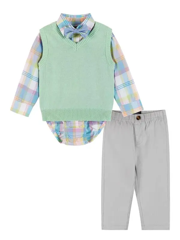 Andy & Evan Plaid Bodysuit And Sweater Vest Set - Light Green Plaid