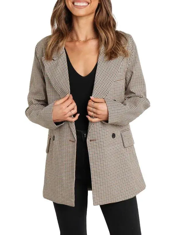 PETAL & PUP Juliette Check Double Breasted Blazer - Brown