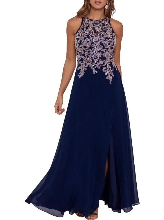 Betsy & Adam Embellished Bodice Chiffon Gown - Navy/rose