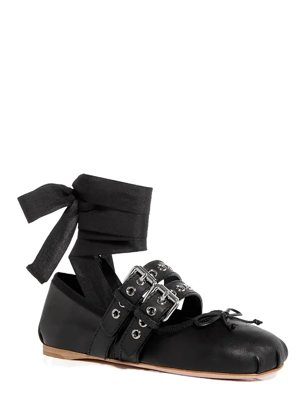 Miu Miu Buckled Ankle Tie Ballet Flats - Nero