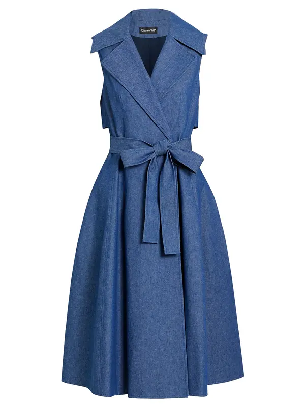 Oscar De La Renta Belted Wrap-effect Denim Midi Dress - Mid Denim