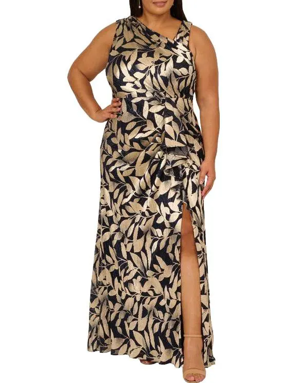 Adrianna Papell Asymmetric Metallic Foil Leaf Gown - Navy/gold