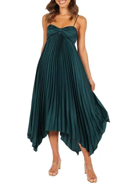 PETAL & PUP Vikki Pleated Satin Maxi Dress - Emerald