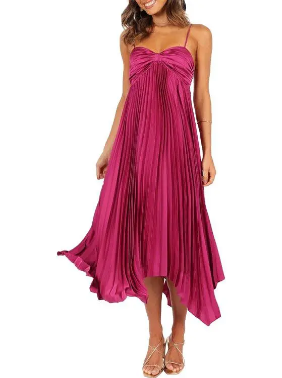 PETAL & PUP Vikki Pleated Satin Maxi Dress - Magenta