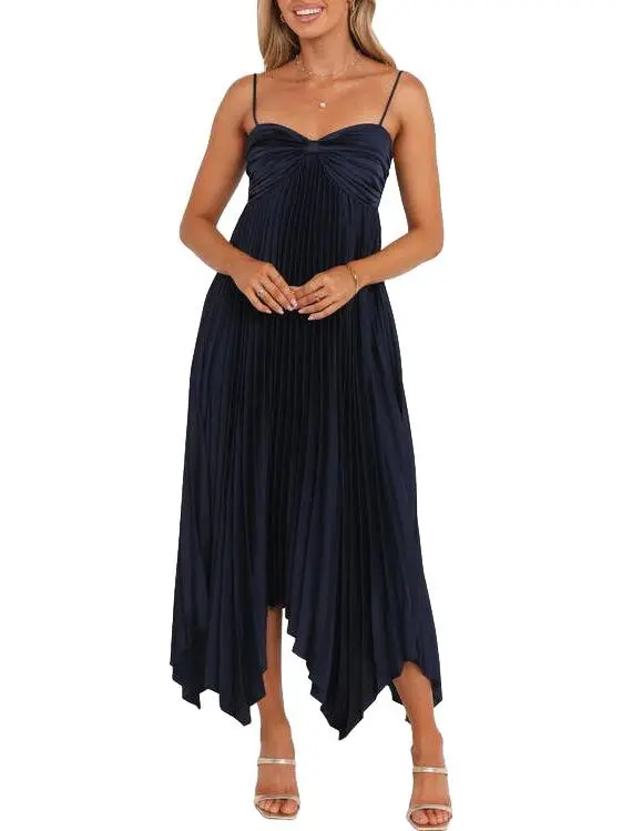 PETAL & PUP Vikki Pleated Satin Maxi Dress - Navy