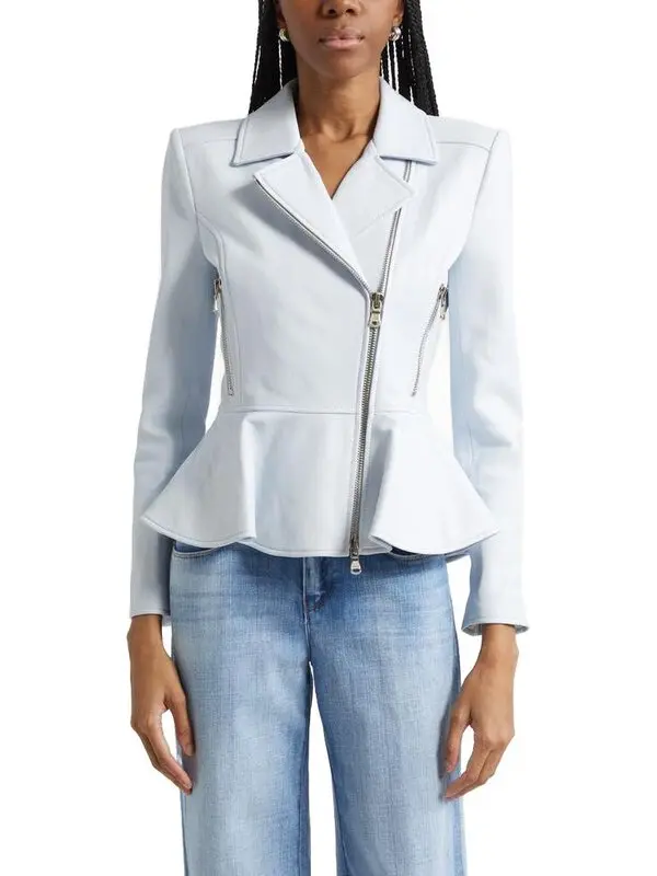 L'Agence Lyric Peplum Leather Biker Jacket - Pale Mist Blue