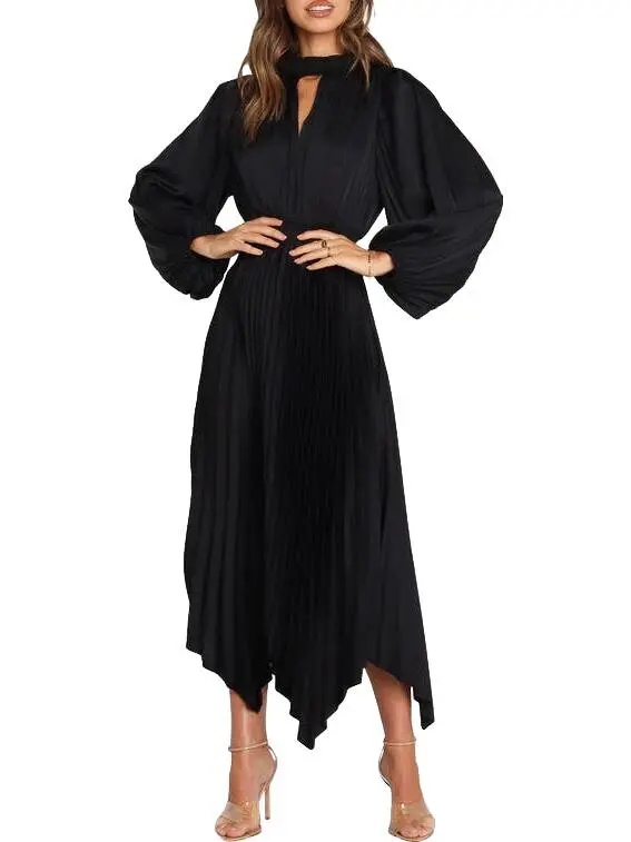 PETAL & PUP Eloise Pleated Balloon Sleeve Midi Dress - Black