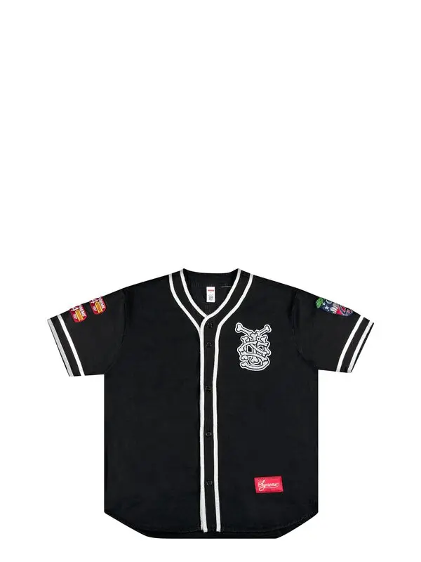 Supreme Patches Denim Baseball Jersey - Black