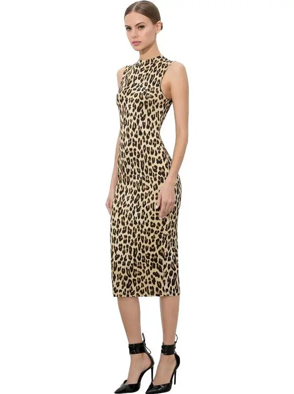 Alice + Olivia Delora Fitted Mock Neck Dress - Animal Print