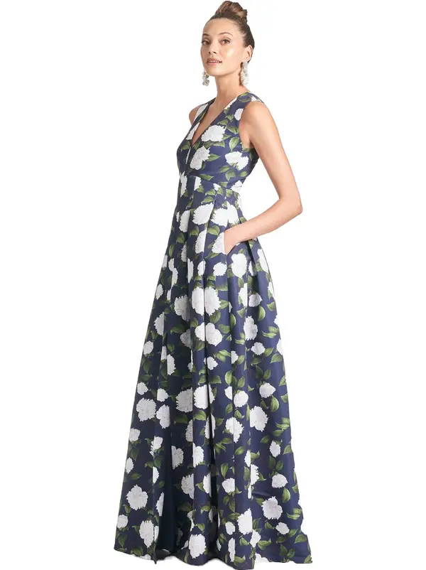 Sachin & Babi Printed V-neck Gown - Navy