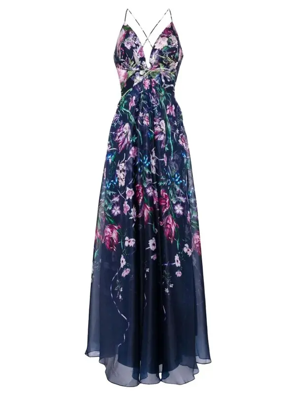 Marchesa Floral Print Chiffon Gown - Blue