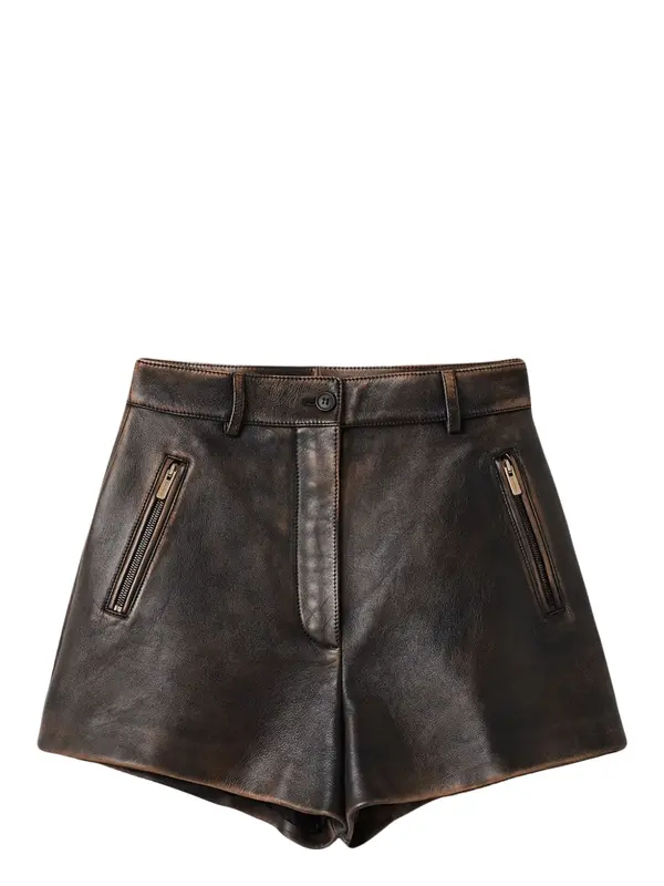 Miu Miu Distressed Leather Mini Shorts - Brown