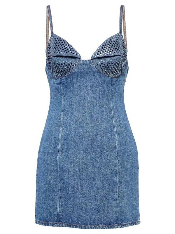 AREA Crystal-embellished Denim Mini Dress - Blue