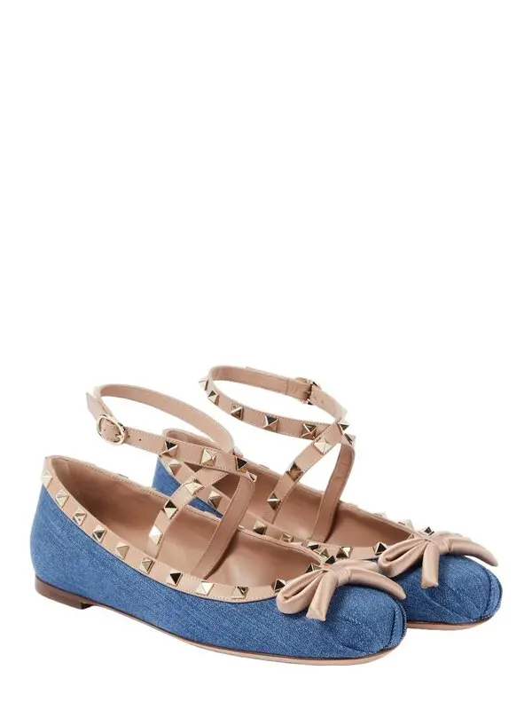 Valentino Garavani Rockstud Leather-trimmed Denim Ballet Flats - Blue