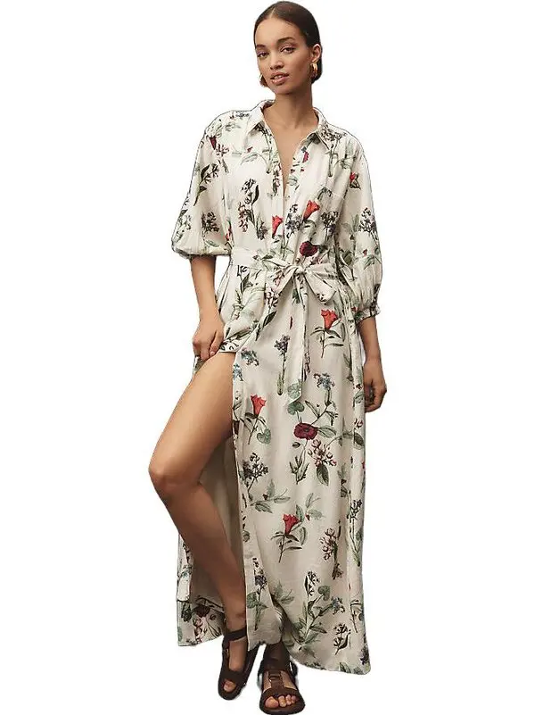 Maeve The Mona Linen Shirt Dress - Ivory Floral
