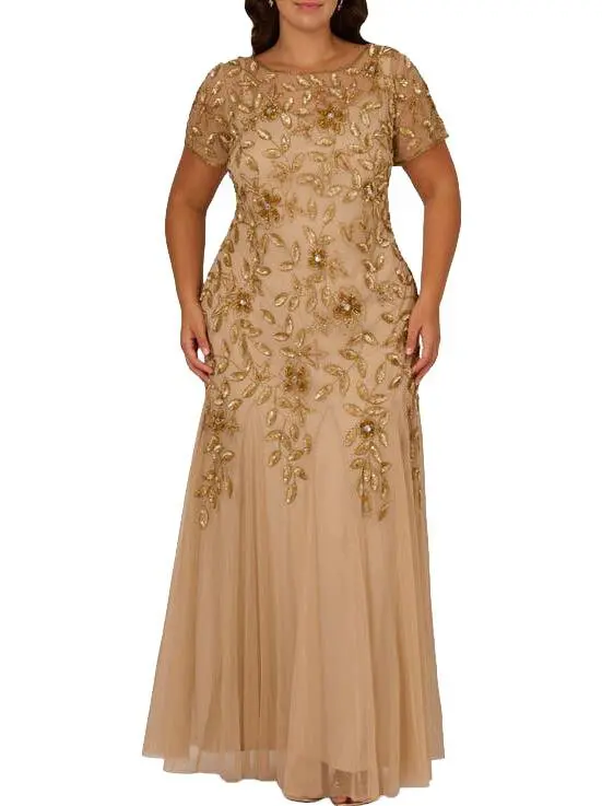 Adrianna Papell Beaded Floral Godet Gown - Champagne Gold