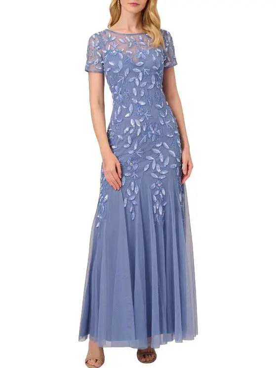 Adrianna Papell Beaded Floral Godet Gown - French Blue