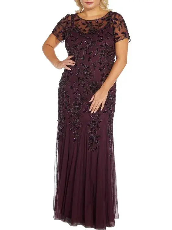 Adrianna Papell Beaded Floral Godet Gown - Night Plum