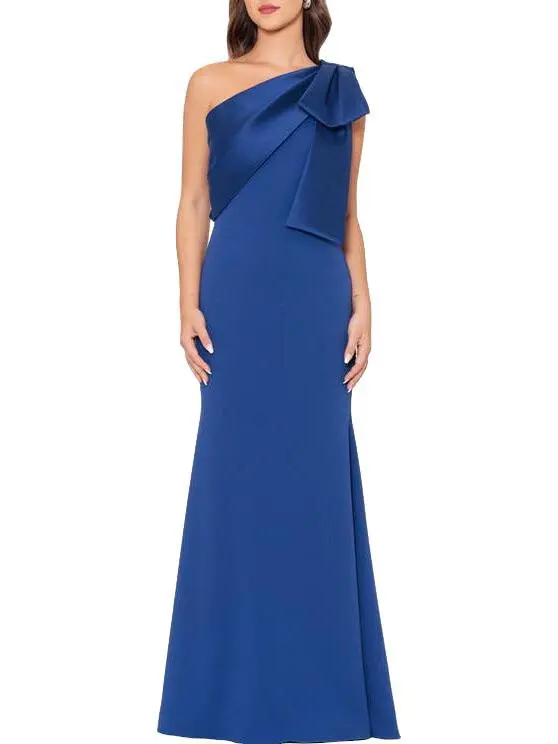 Betsy & Adam Satin Bow Crepe Mermaid Gown - Indigo