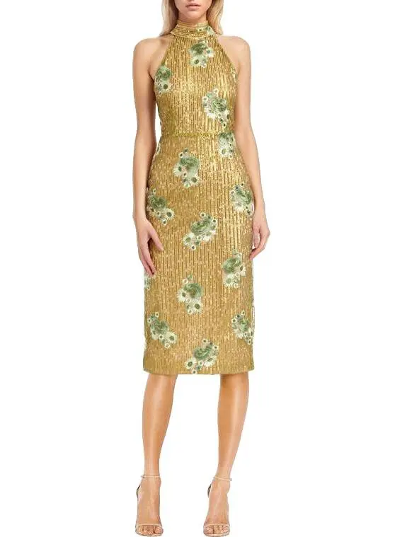 Badgley Mischka Floral Embroidery Sequin Sheath Dress - Citrus