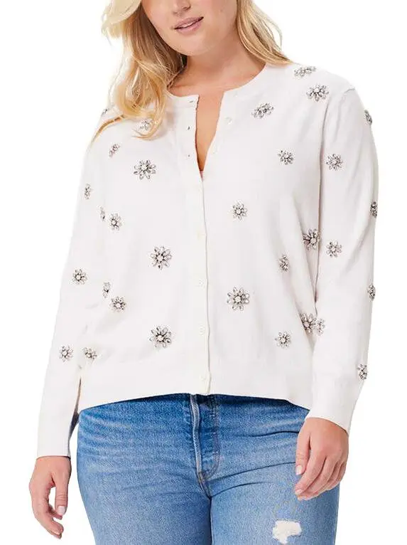Minnie Rose Embellished Flower Cotton And Cashmere Cardigan - White