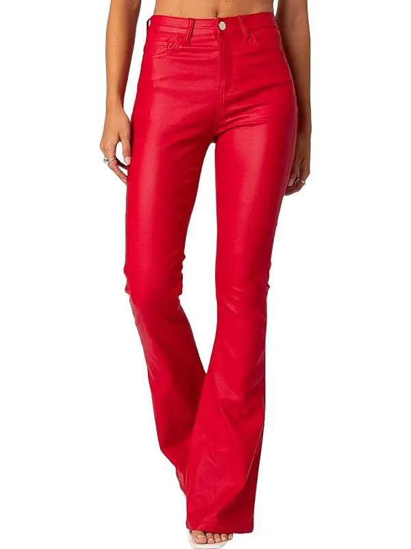EDIKTED Luna Faux Leather Flare Jeans - Red