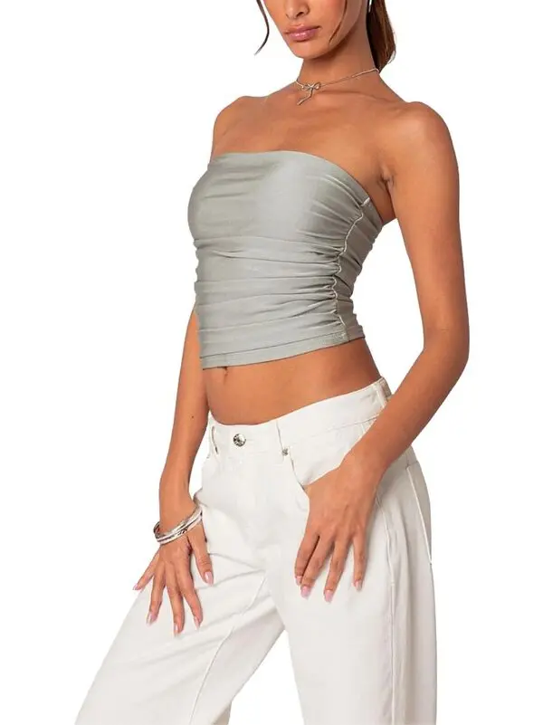 EDIKTED Maxeen Shiny Gathered Tube Top - Silver-tone