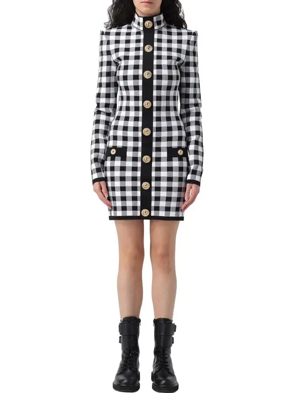 Balmain Gingham Check Knit Dress - White