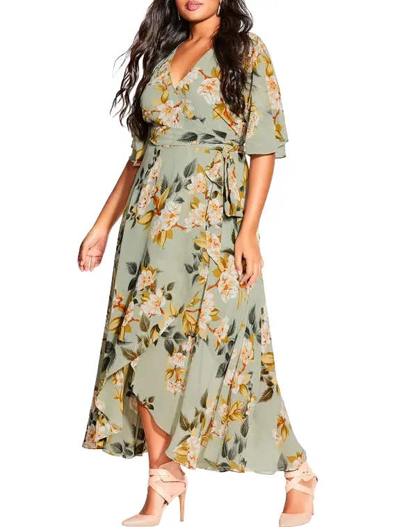 City Chic Print Tie Waist Maxi Dress - Magnolia Floral