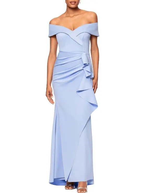 XSCAPE EVENINGS Off-the-shoulder Scuba Crepe Gown - Periwinkle