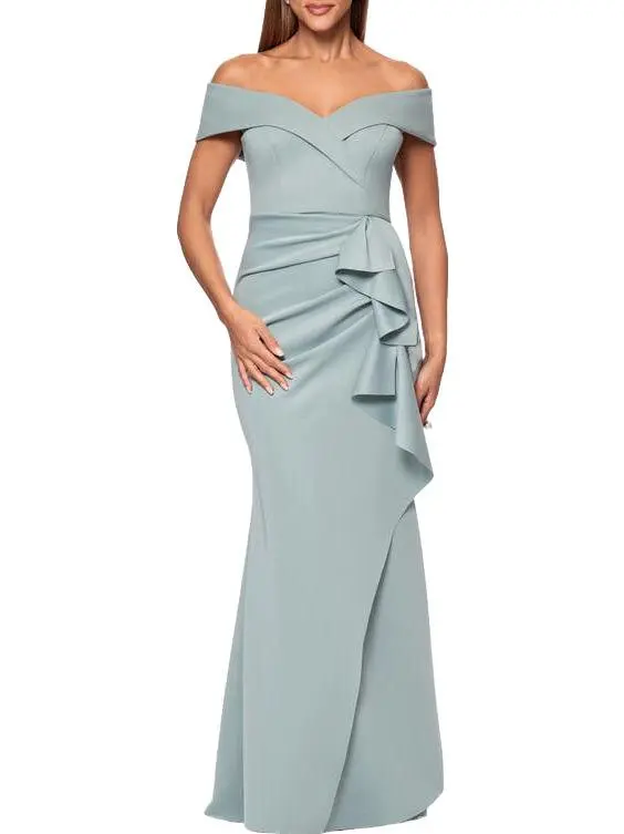 XSCAPE EVENINGS Off-the-shoulder Scuba Crepe Gown - Sage