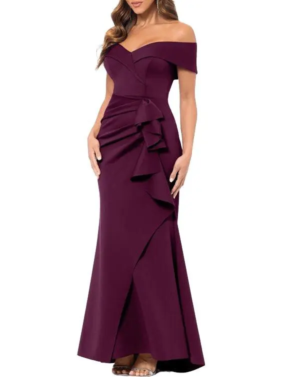 XSCAPE EVENINGS Off-the-shoulder Scuba Crepe Gown - Wine