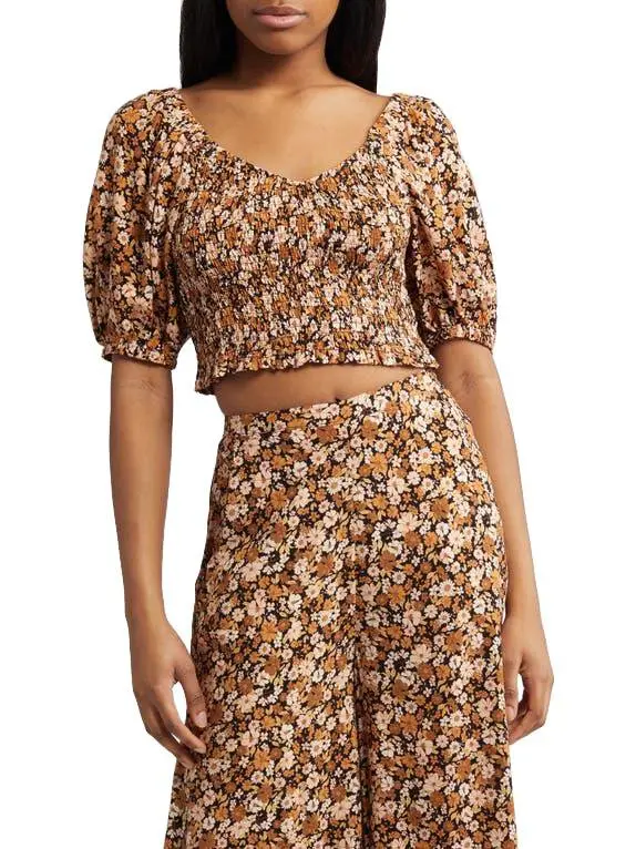 Rip Curl Sea Of Dreams Floral Smocked Crop Top - Brown